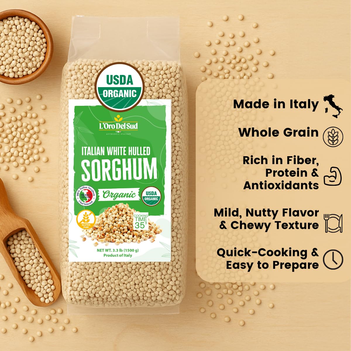 L'ORO DEL SUD Organic Italian White Hulled Sorghum - Net Weight 52.9 o ...