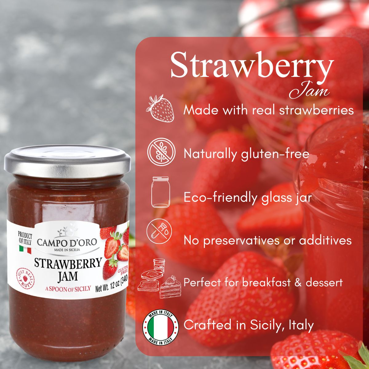 Campo D'Oro Sicilian Strawberry Jam – Italian Marmalade – 100% Real Fr ...