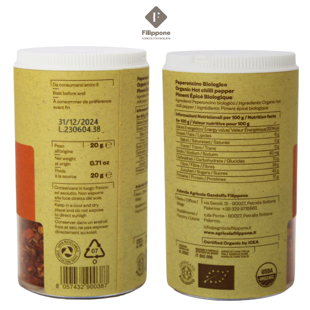 Filippone® Organic Chili Flakes Shaker, 20 g (0.70 oz), Italian Pepper ...