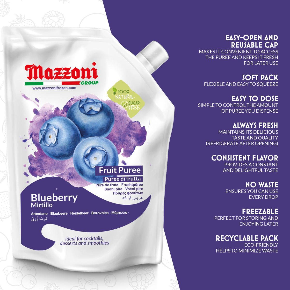 Mazzoni, Blueberry Puree, 100% Pure Blueberries, Just Fruit, No Sugar ...