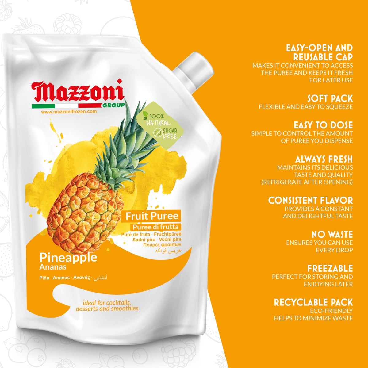 Mazzoni, Pineapple Puree, 100% Pure Pineapple Mix, No Sugar Added, 2.2 ...